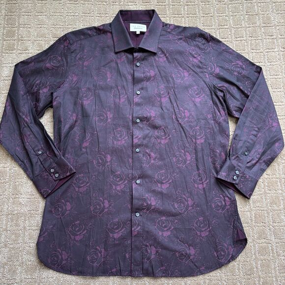 Ted Baker | Shirts | Ted Baker Button Down Shirt Mens 65 Purple Roses ...